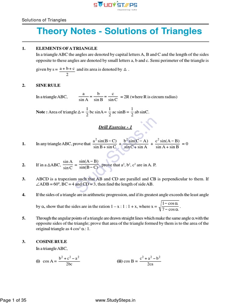 Solution of Triangles | PDF | Sine | Triangle