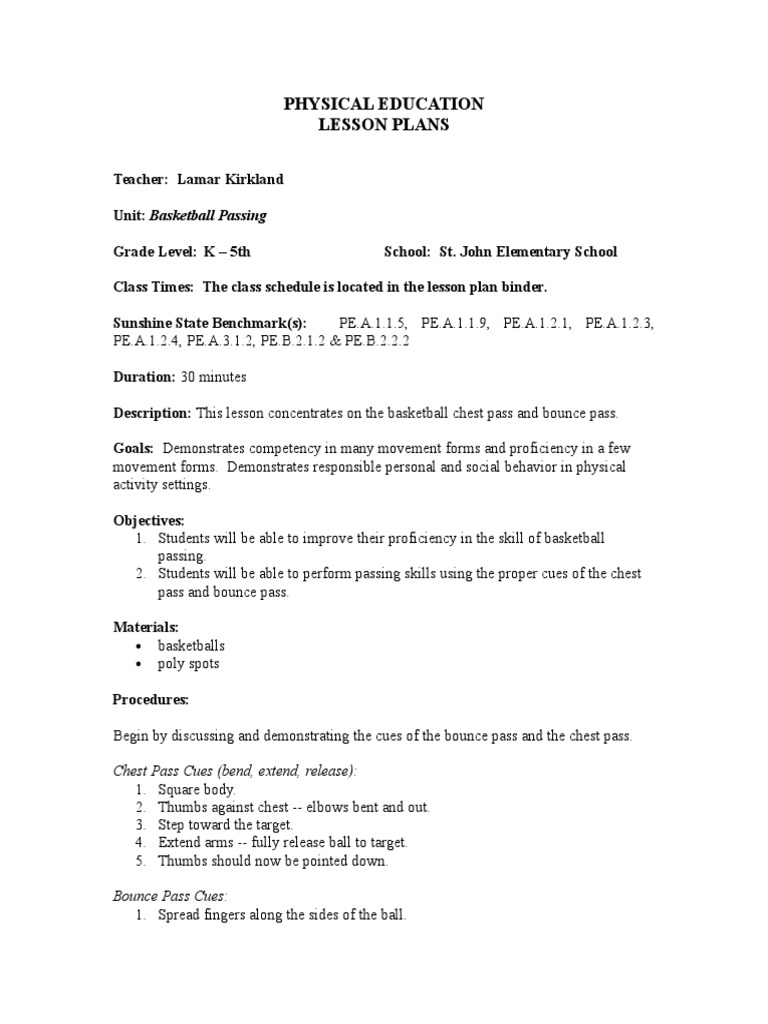 Kindergarten Basketball Passing Lesson | PDF | Physical Education ...
