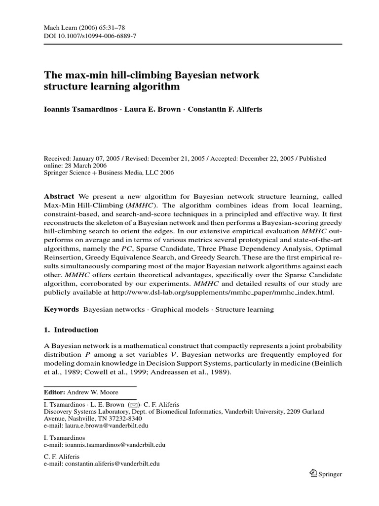 The Max Min Hill Climbing Bayesian Network Structure Learning Algorithm Pdf Bayesian Network