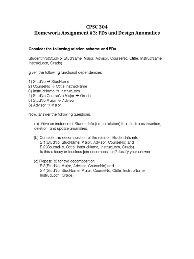 CPSC 304 Homework Assignment #3: Fds and Design Anomalies | PDF