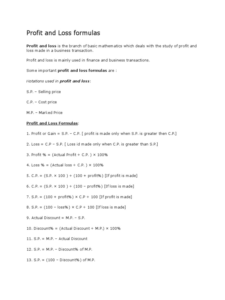 Profit and Loss Formulas Overview | PDF