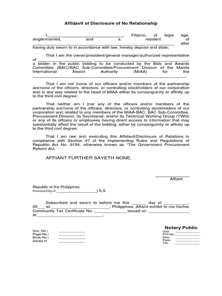 Affidavit of Disclosure of No Relationship | Affidavit | Public Sphere