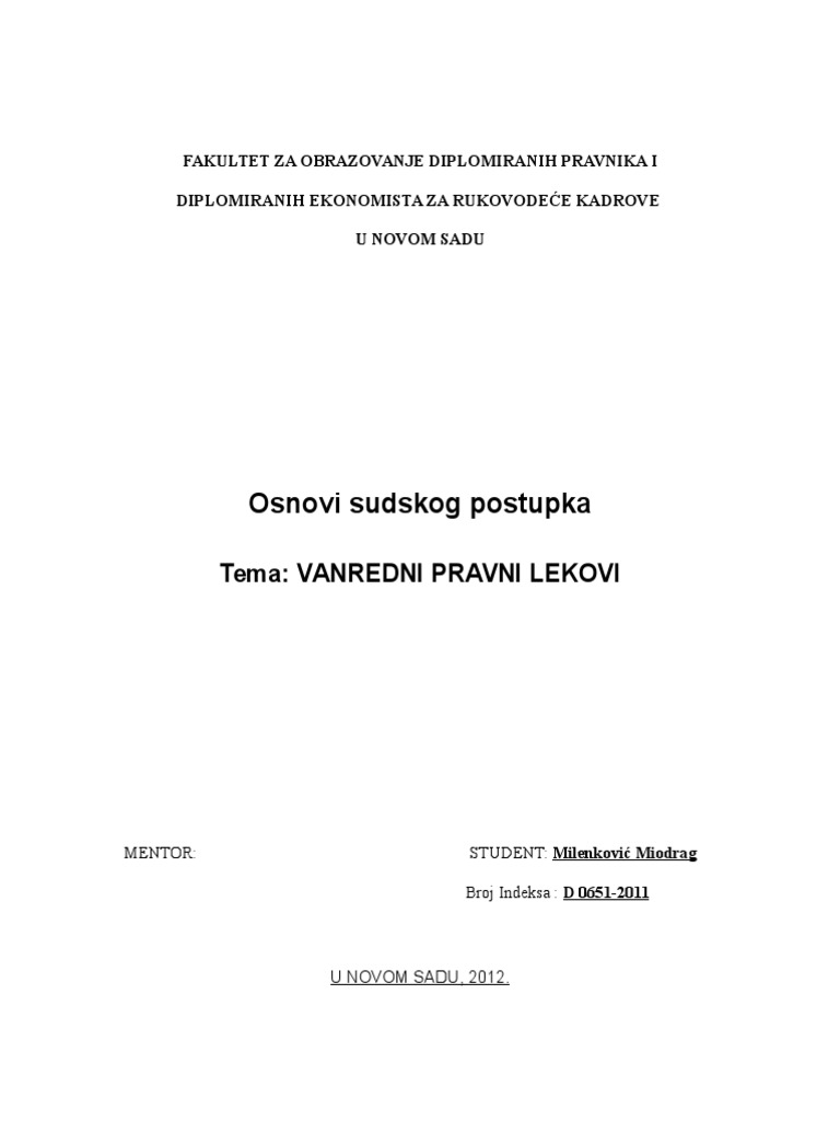 Osnovi-Sudskog-Postupka Seminarski Vanredni Pravni Lekovi | PDF