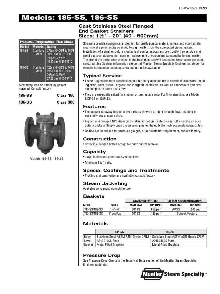 Mueller Strainer Manual(Ms 185ss 186ss) | Valve | Mechanical Engineering