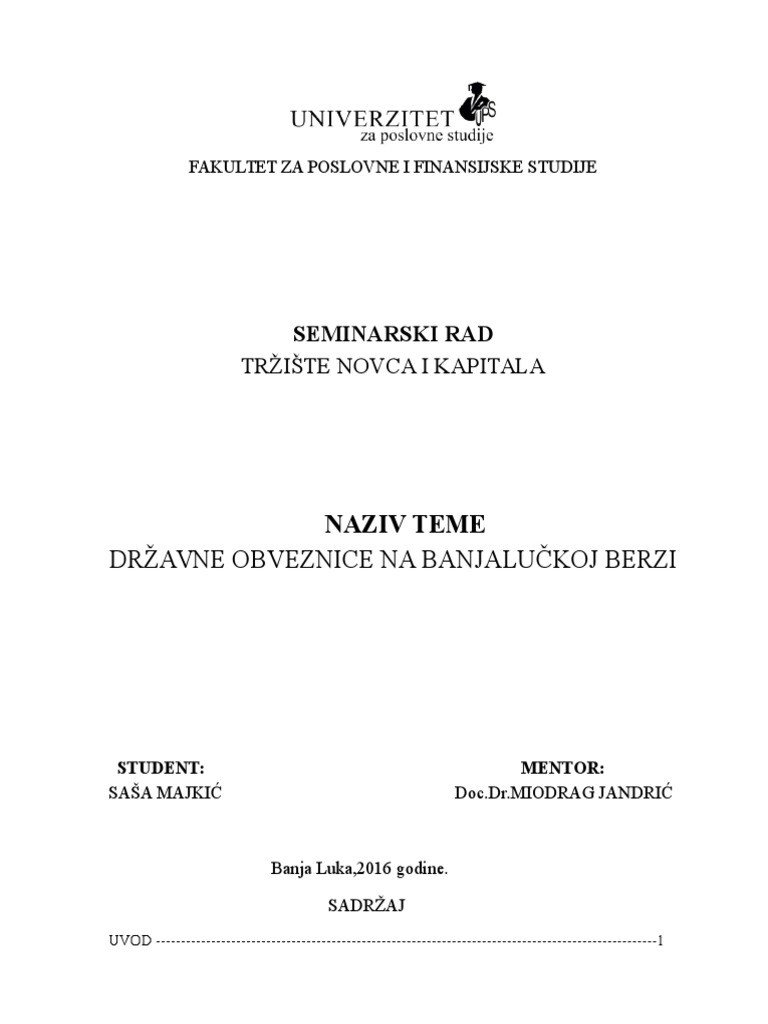 Seminarski Tržište Novca I Kapitala | PDF