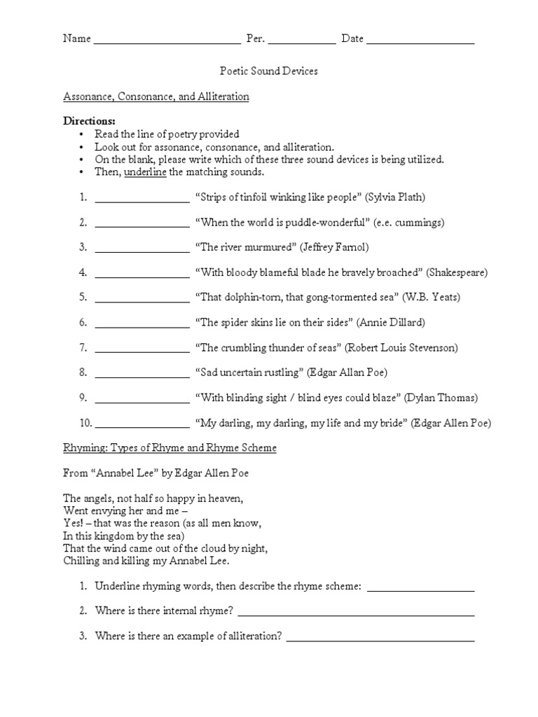 Sound Devices in Poetry Worksheet | PDF | Poetry