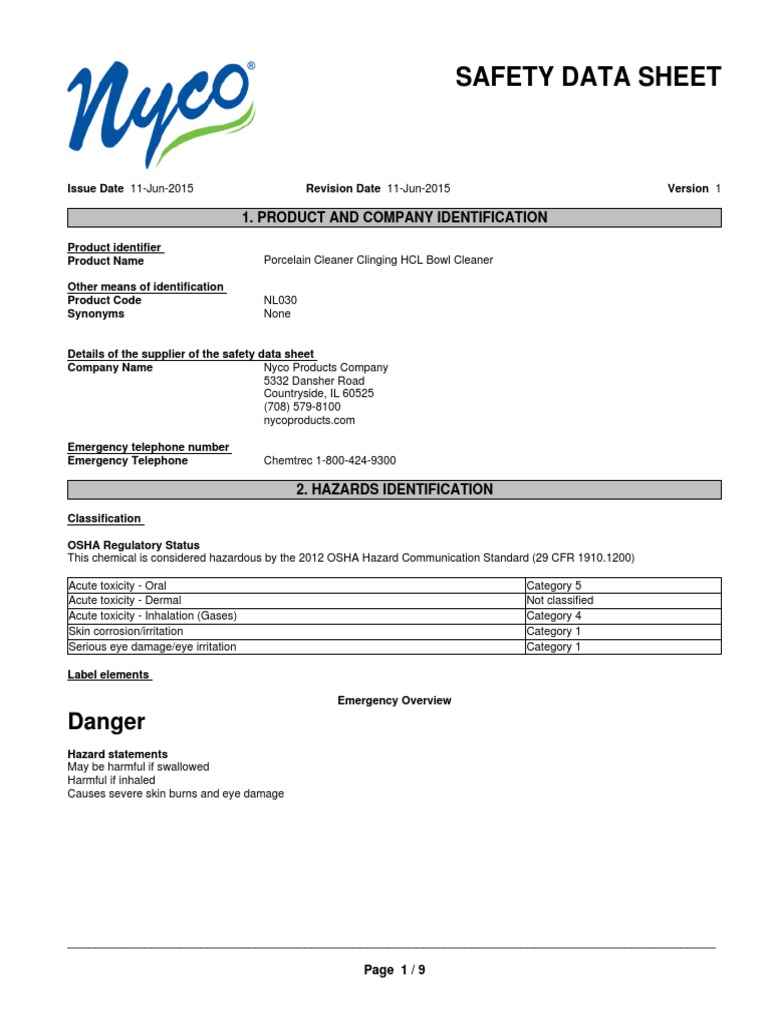 NL030 Porcelain Cleaner SDS | PDF | Toxicity | Personal Protective ...