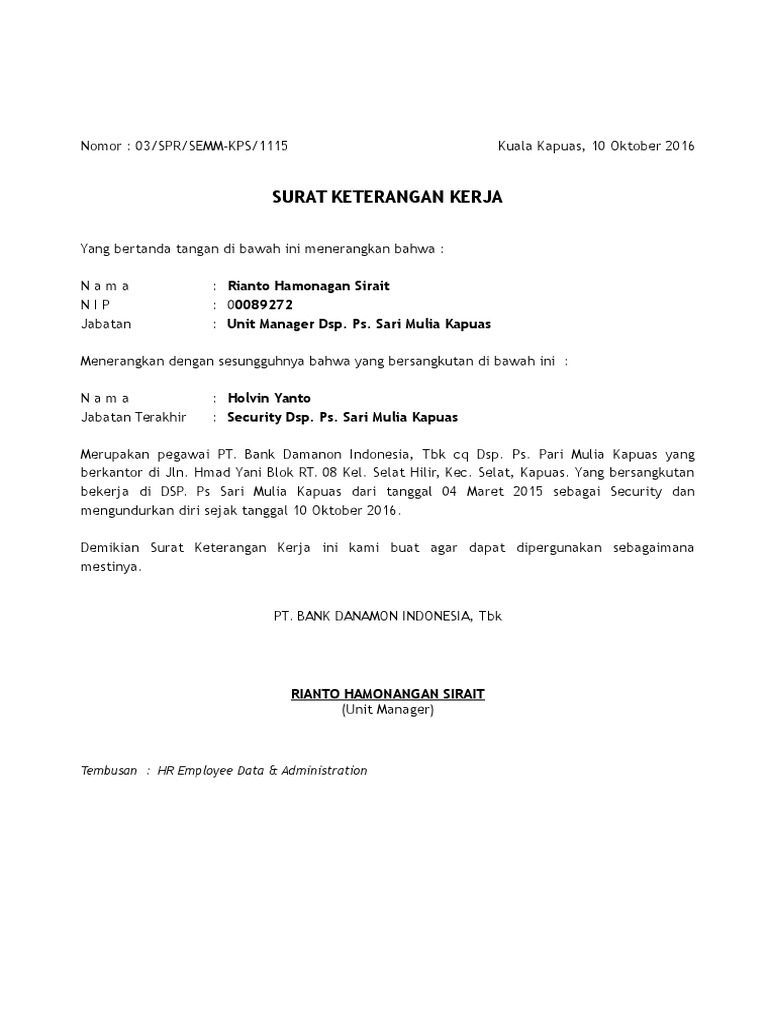 Surat Keterangan Kerja Bank Danamon | PDF