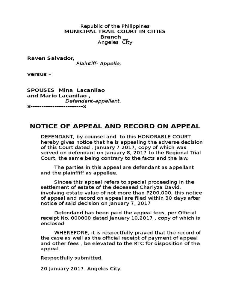 Notice of Appeal Sample | PDF