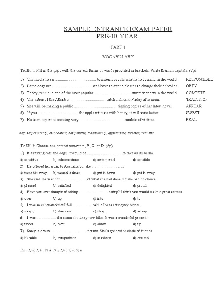 Pre-IB Entrance Exam Sample Paper | PDF | Language Arts & Discipline