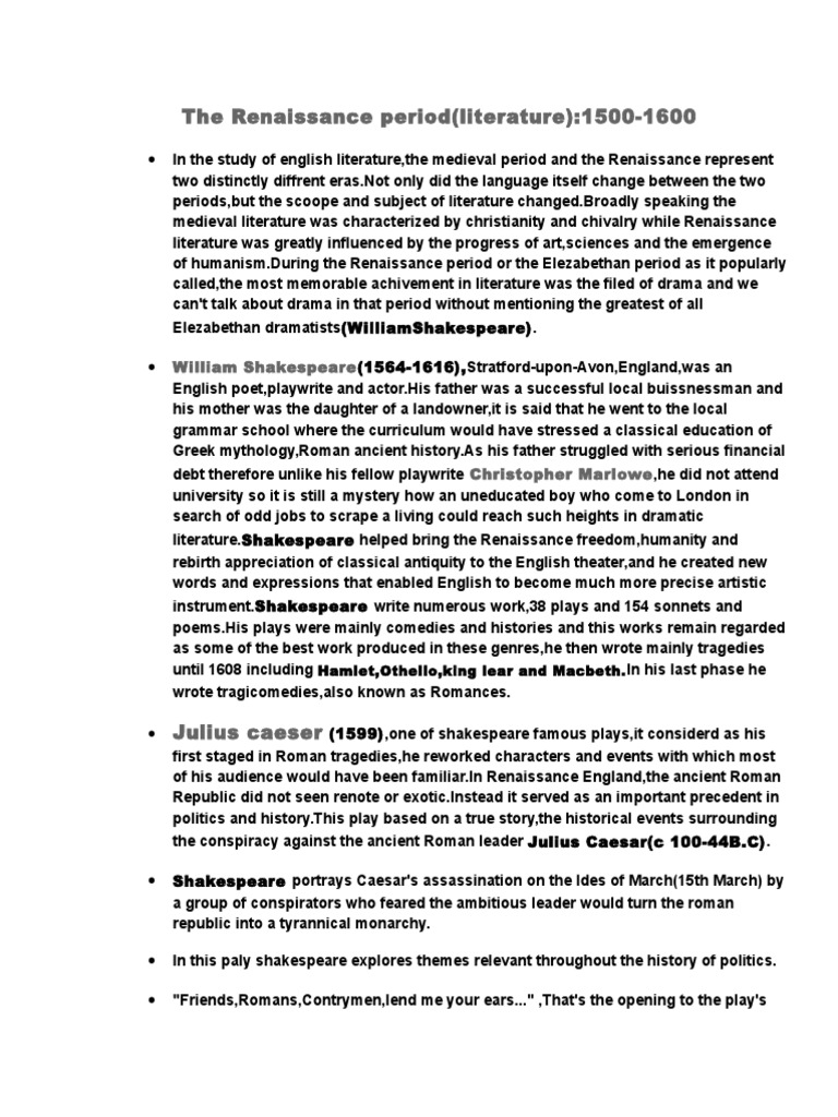 The Renaissance Period (Literature) :1500-1600: William Shakespeare ...