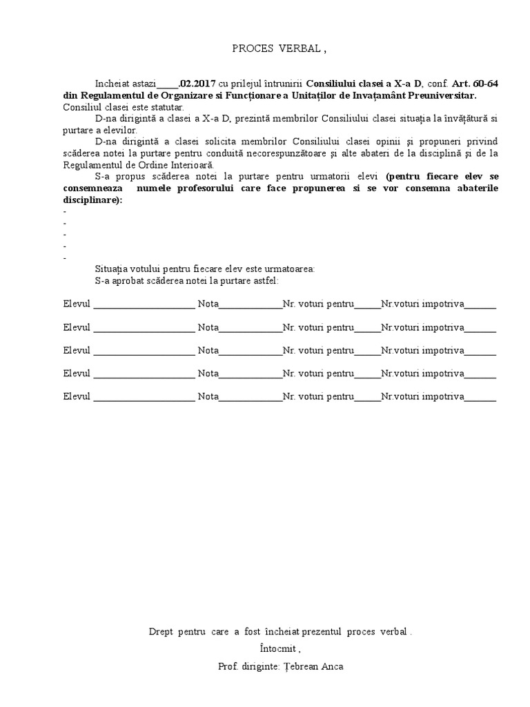Proces Verbal Sedinta Note La Purtare | PDF