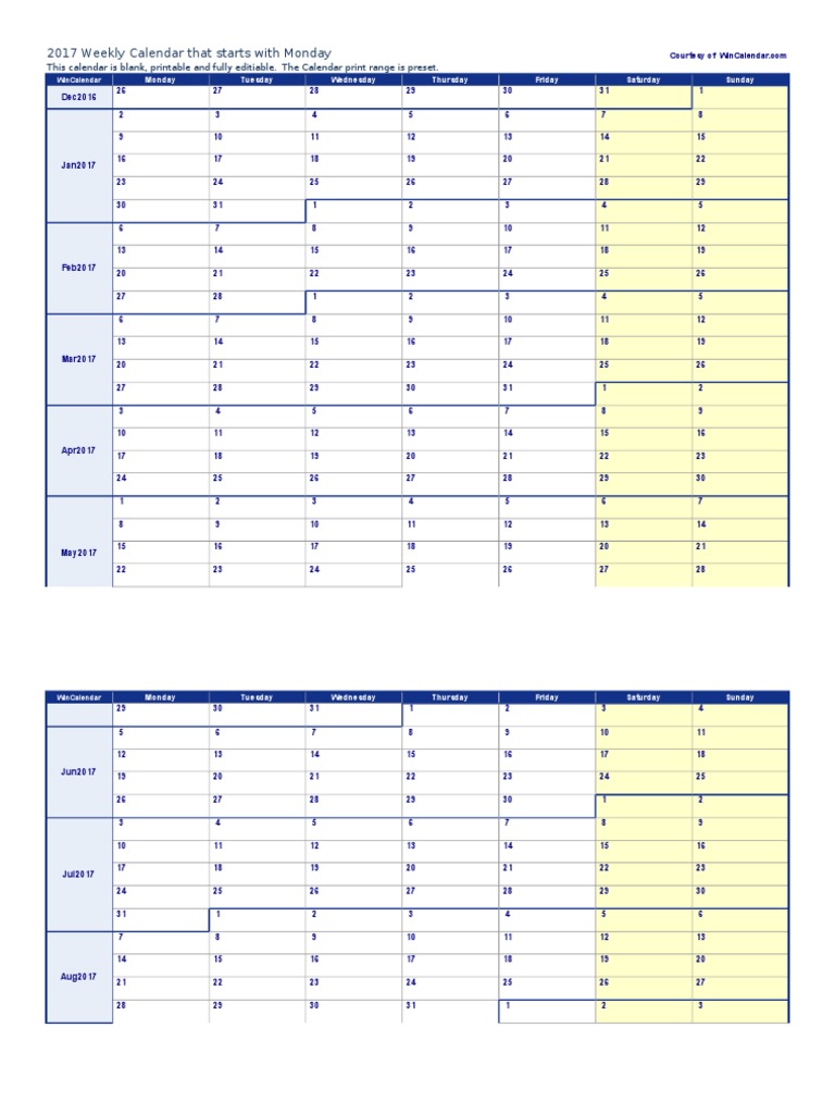2017 Weekly Calendar That Starts With Monday: Monday Tuesday Wednesday ...