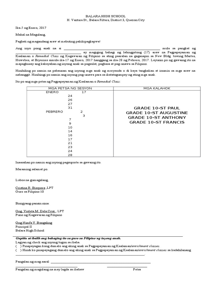Remedial Classes Parents Consent