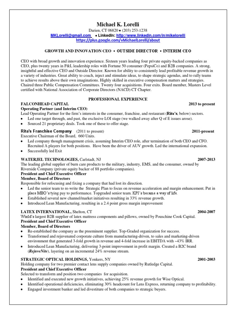 CEO Interim Outside Director in New York City Tri-State Resume Michael ...