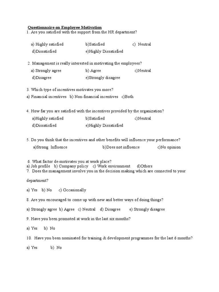 Questionnaire On Employee Motivation | PDF | Motivation | Motivational