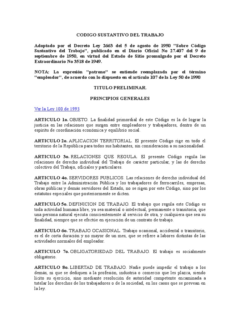 Codigo Sustantivo Del Trabajo-Colombia | PDF | Derecho laboral | Salario