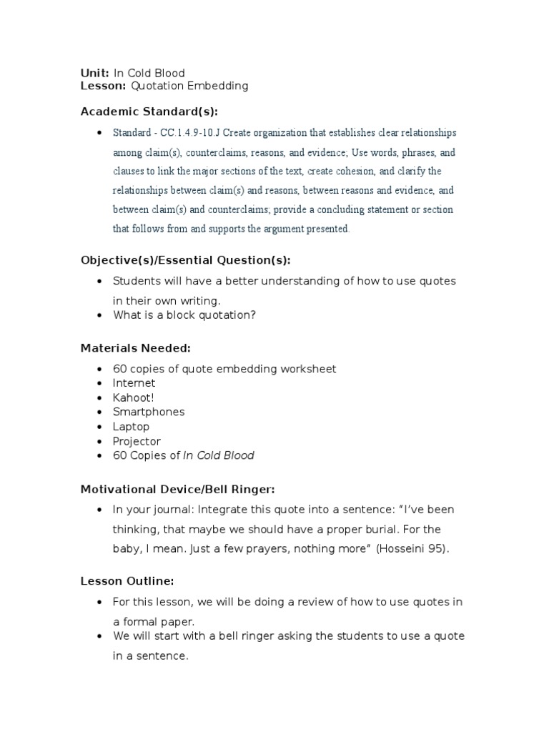 Unit: in Cold Blood Lesson: Quotation Embedding Academic Standard(s ...