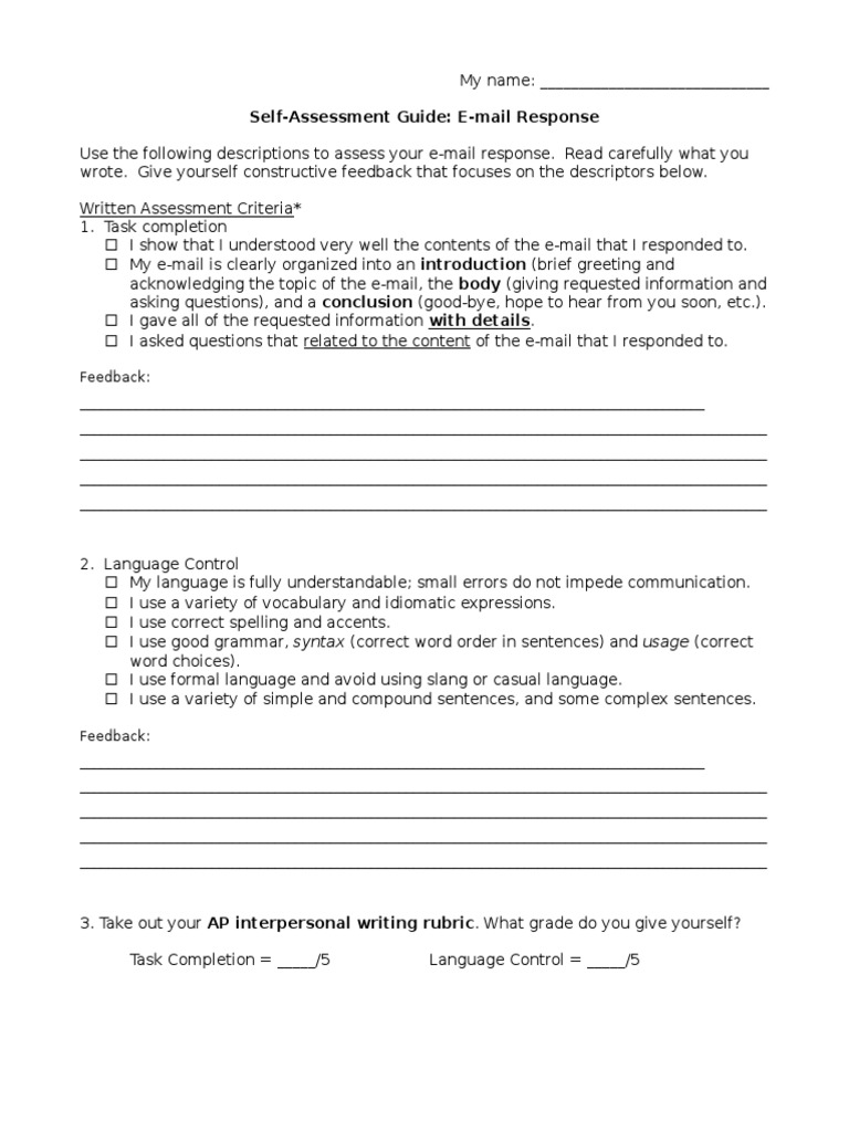 AP Peer Self Assessment Checklist Inter Writing | PDF | Educational ...