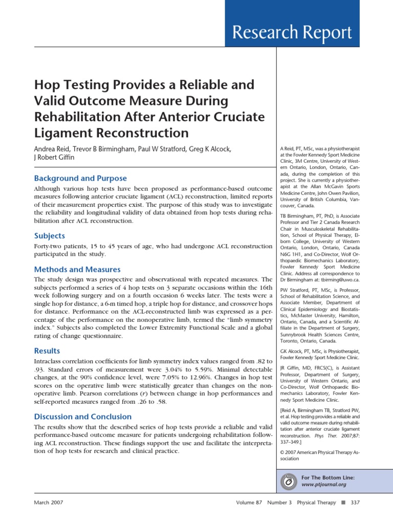 Hop Testing Provides A Reliable and Valid Outcome Measure During ...