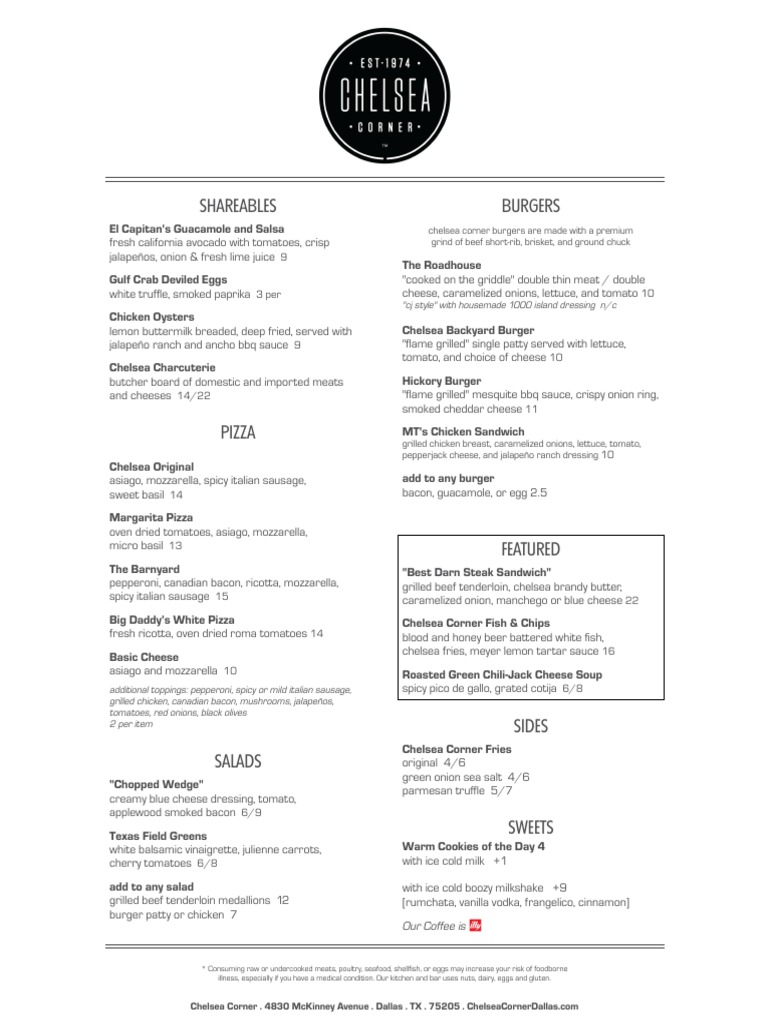 Chelsea Corner Dallas Food Menu PDF | PDF | Hamburgers | Grilling