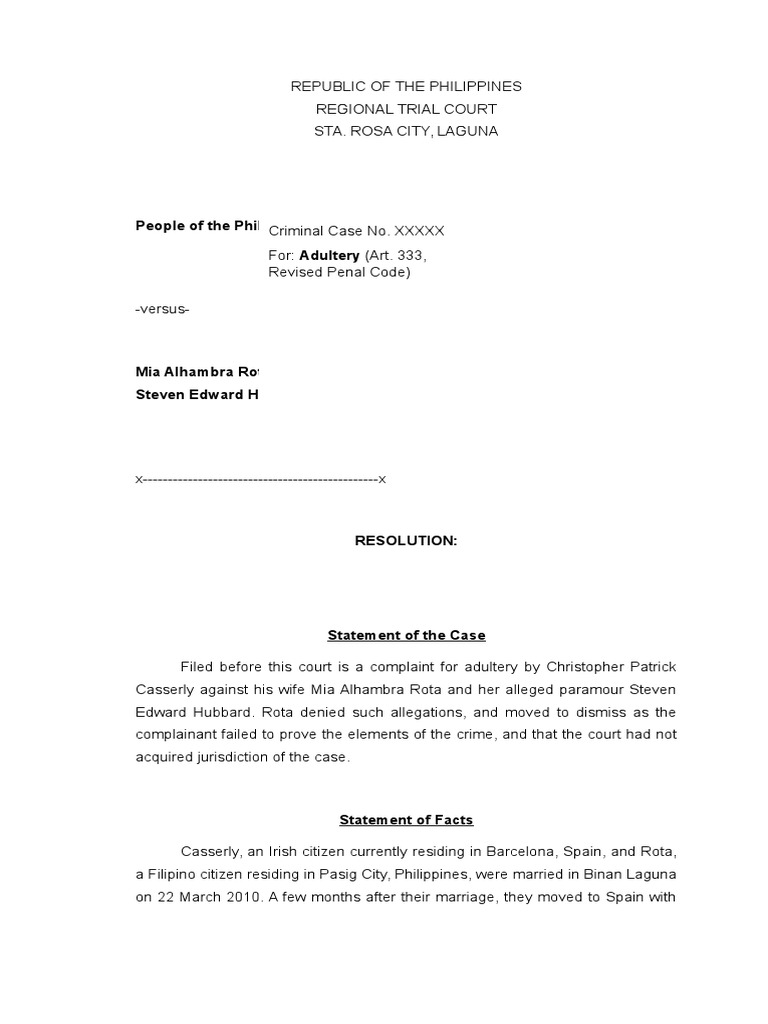 Regional Trial Court rules on adultery case | PDF | Adultery | Evidence ...