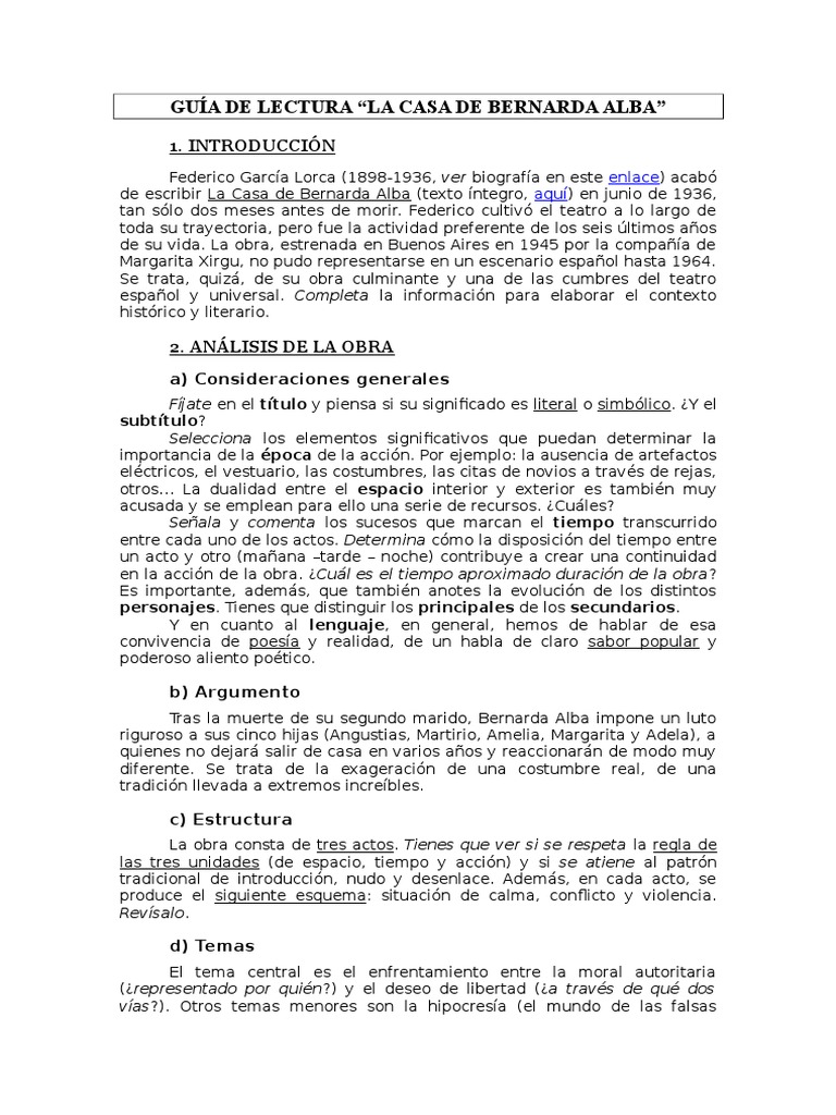 Guía Lectura La Casa de Bernarda Alba | PDF | Federico García Lorca ...
