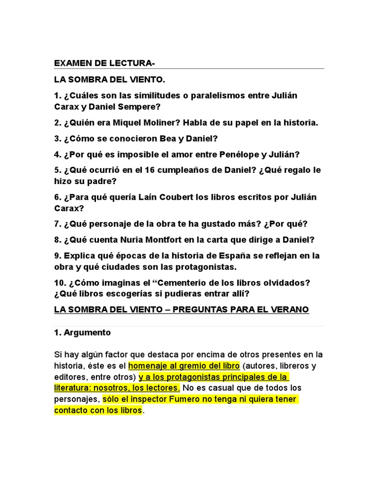 Examen de lectura: La sombra del viento | PDF | Novelas | Autor