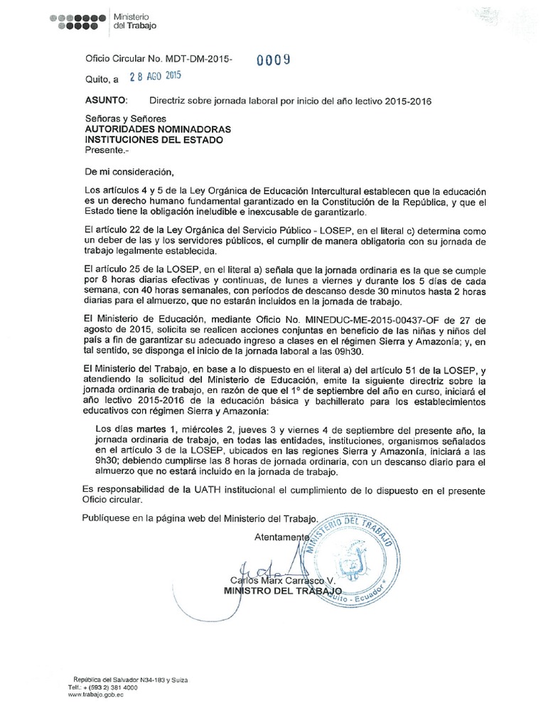 Oficio Circular MDT DM 2015 0009 | PDF