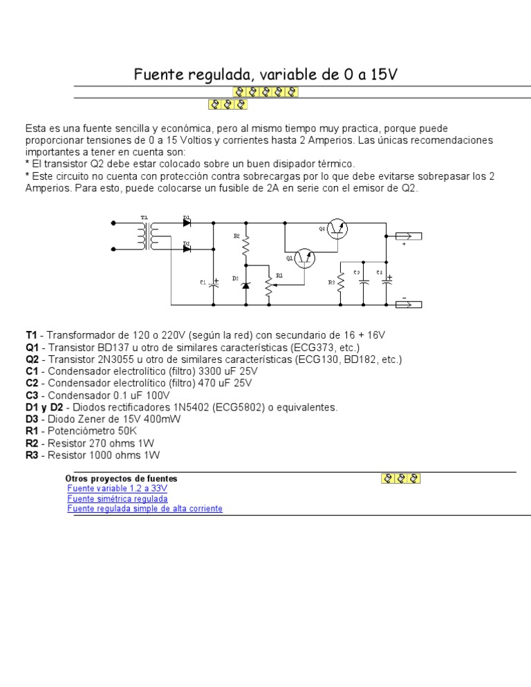 Fuente Regulada 0-15V: Guía y Componentes | PDF | Transistor | Poder ...