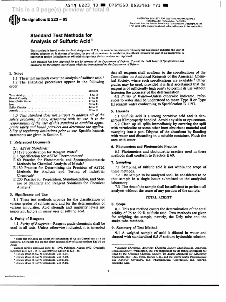 ASTM E223: Sulfuric Acid Testing Methods | PDF