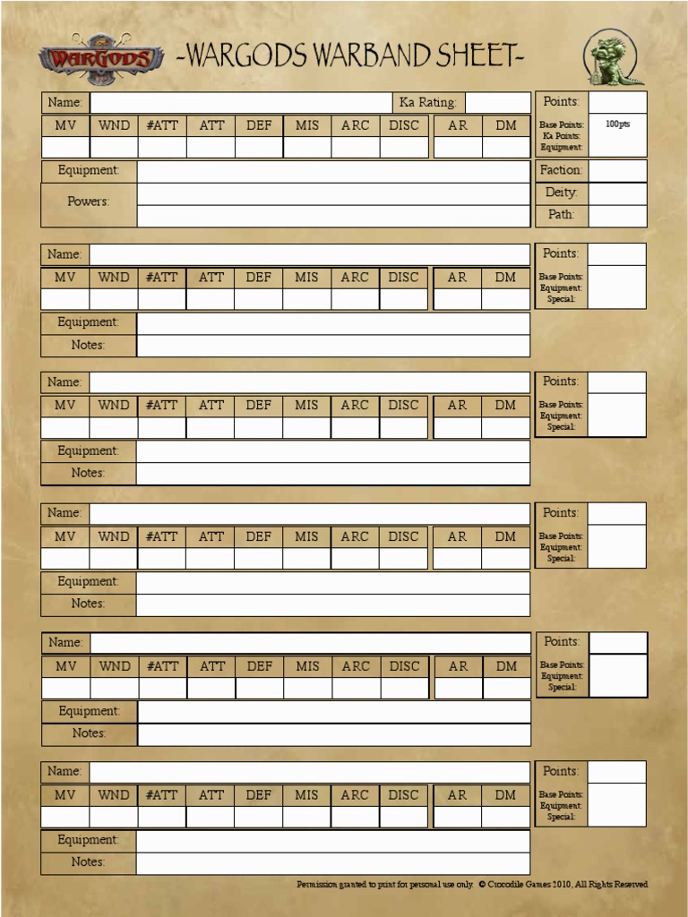 Wargods Warband Sheet | PDF