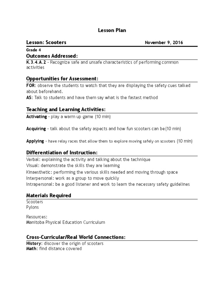 Lesson Plan Lesson: Scooters Outcomes Addressed:: Grade 4 | PDF ...