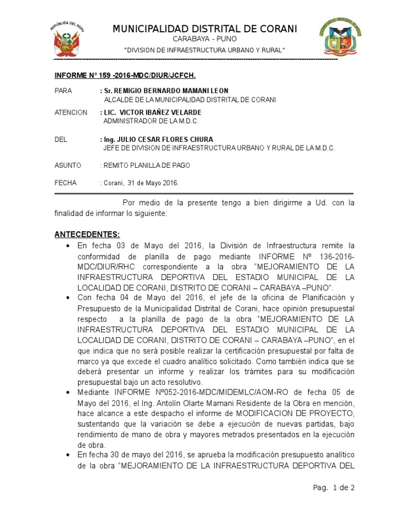 Informe N°158 Remito Planilla de Pago Estadio Mes Abril | PDF | Gobierno