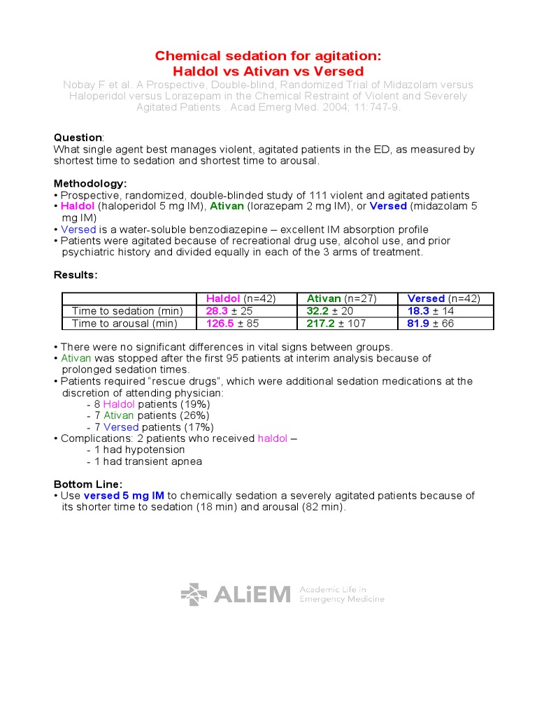 Chemical Sedation For Agitation: Haldol Vs Ativan Vs Versed | PDF