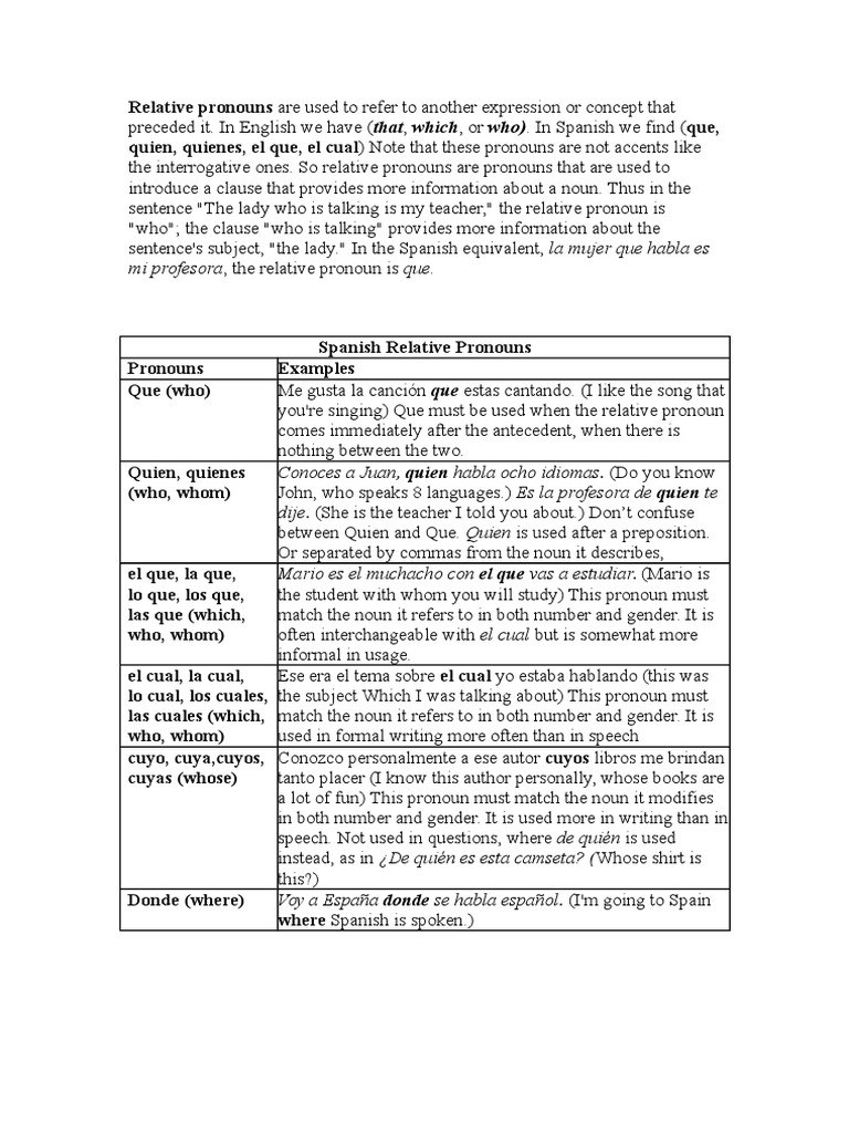 Relative Spanish Pronouns | Download Free PDF | Grammatical Gender ...