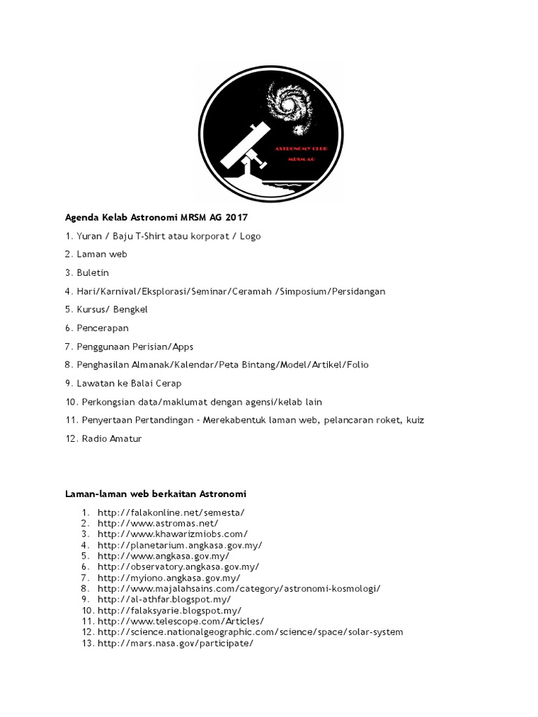 Agenda Kelab Astronomi MRSM AG 2017 | PDF