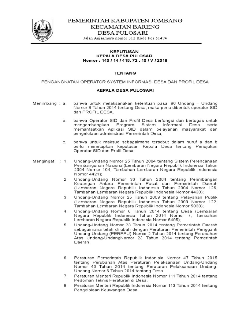 SK Pengangkatan Operator SID | PDF