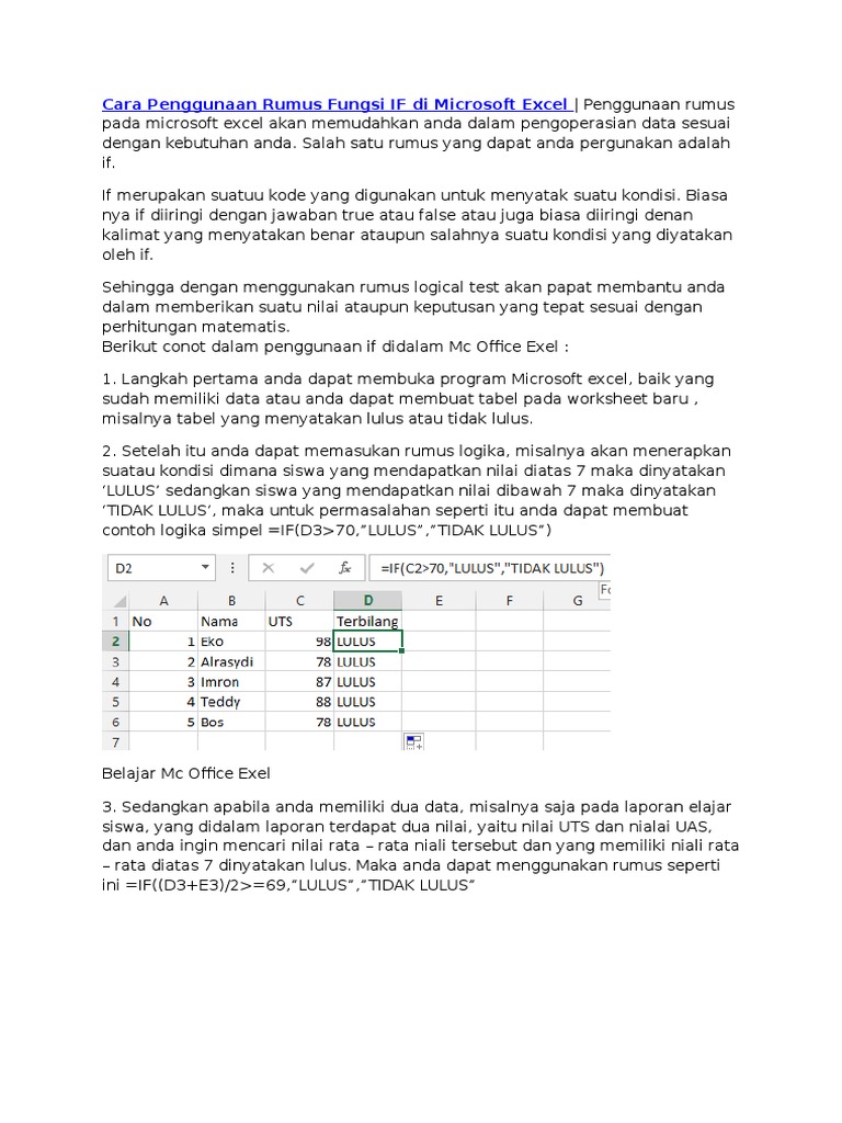 Cara Penggunaan Rumus Fungsi If Di Microsoft Excel | PDF | Karier ...
