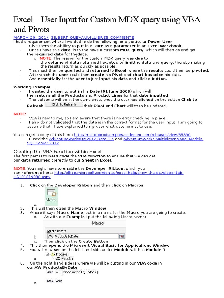 User Driven Mdx Query And Pivoting Enabling Power Users To Input Parameters And Refresh Pivots