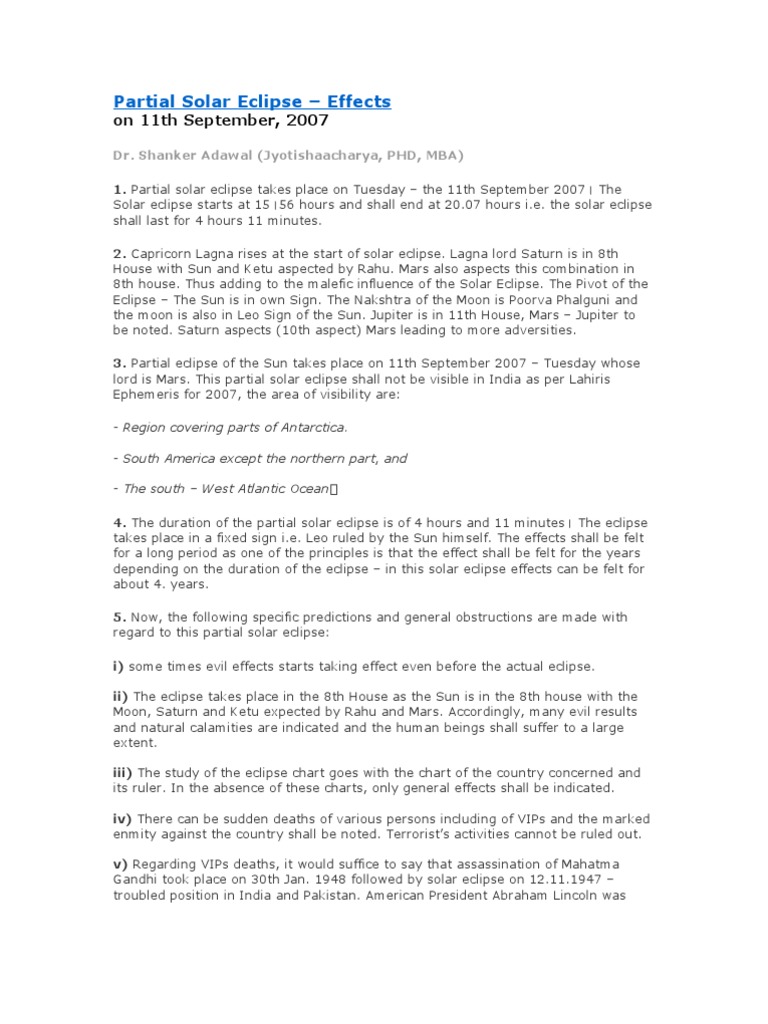 Partial Solar Eclipse - Effects: On 11th September, 2007 | PDF ...