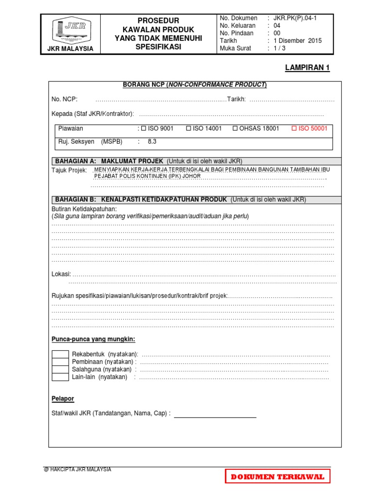 JKR - PK (P) - 04-1 Borang NCP (Non-Conformance Product) | PDF