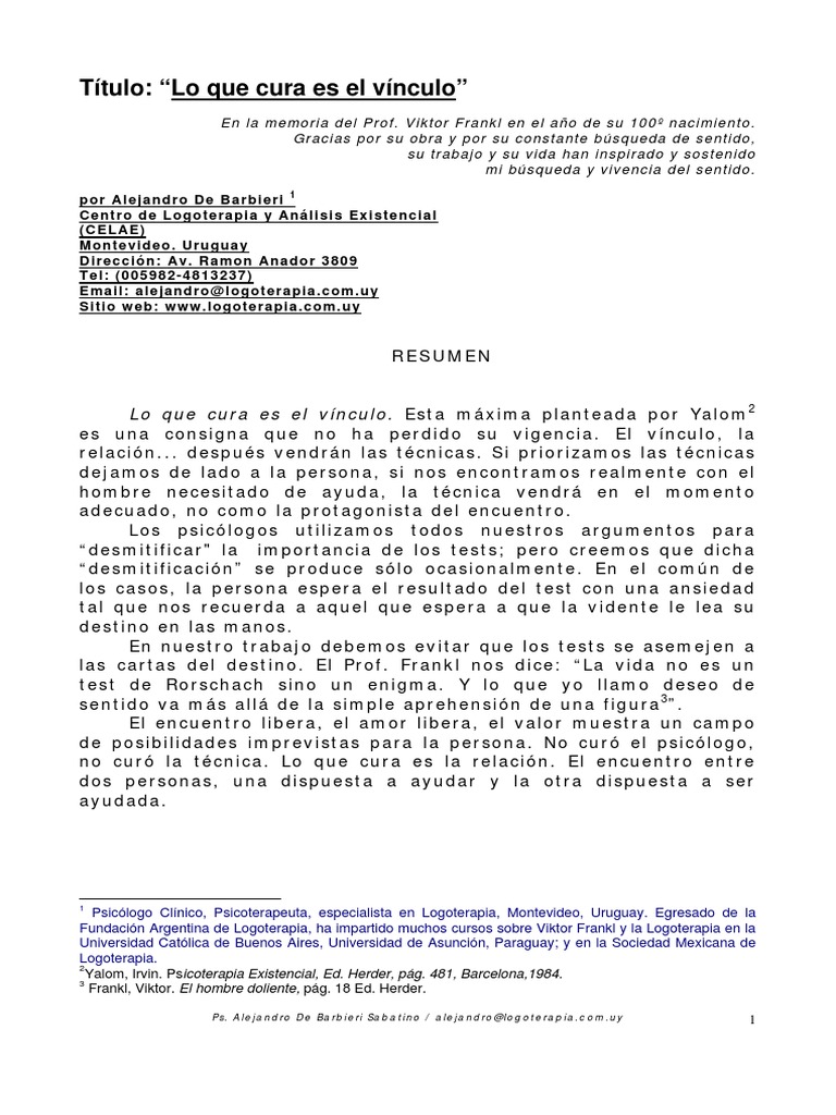 Lo Que Cura Es El Vinculo | PDF | Sigmund Freud | Psicoterapia
