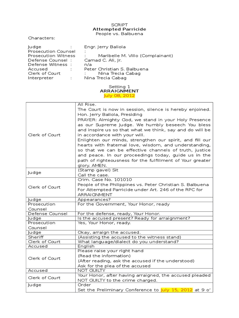 Script Frustrated Parricide | PDF | Plea | Witness