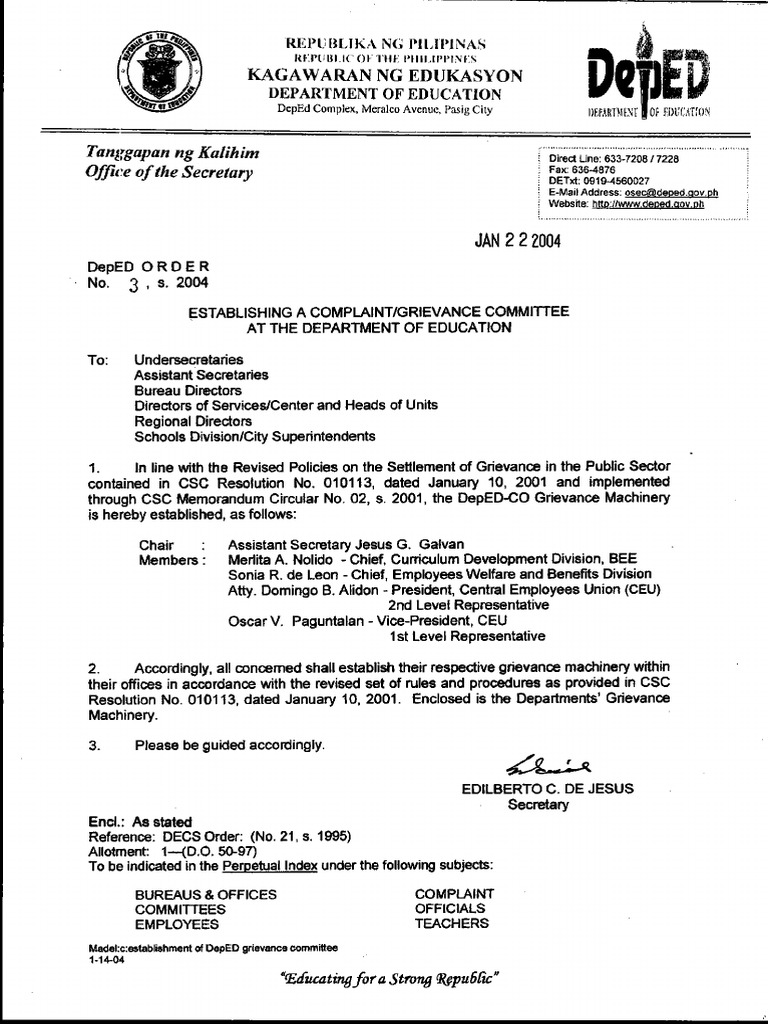 DepED Order No. 3, s. 2004 Establishing a Grievance Committee at DepED