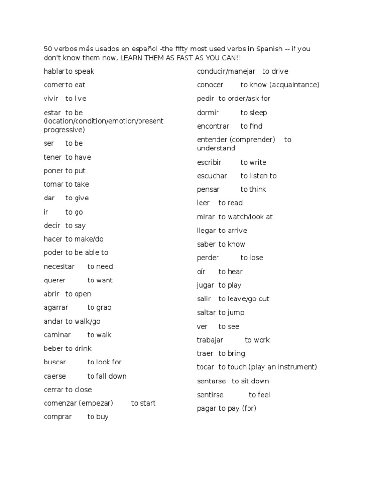 50 Verbos Más Usados en Español | PDF | Self-Improvement