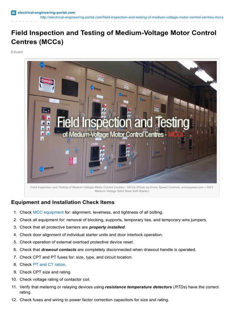 Field Inspection and Testing of MediumVoltage Motor Control Centres MCC ...