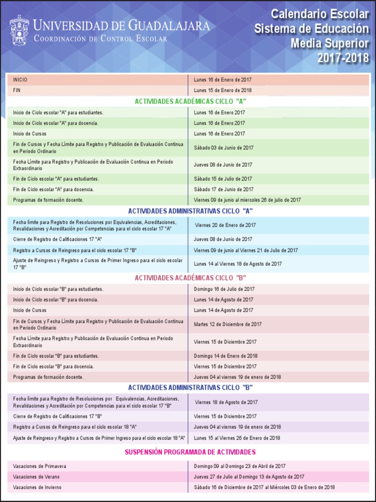 UdeG SEMS Calendario Escolar 2017-2018 | PDF