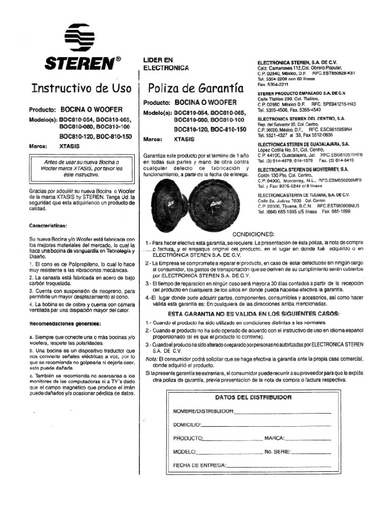 Woofer Steren Xtasis BOC810 - X | PDF