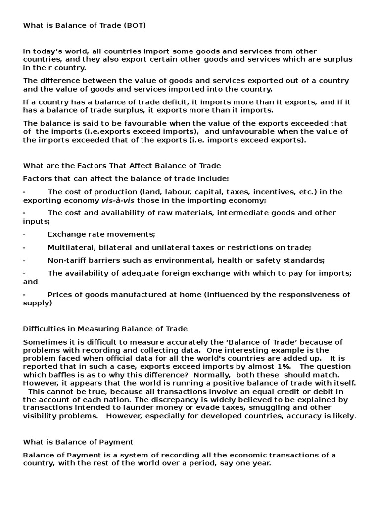 Understanding Balance of Trade (BOT) and Balance of Payment (BOP | PDF ...